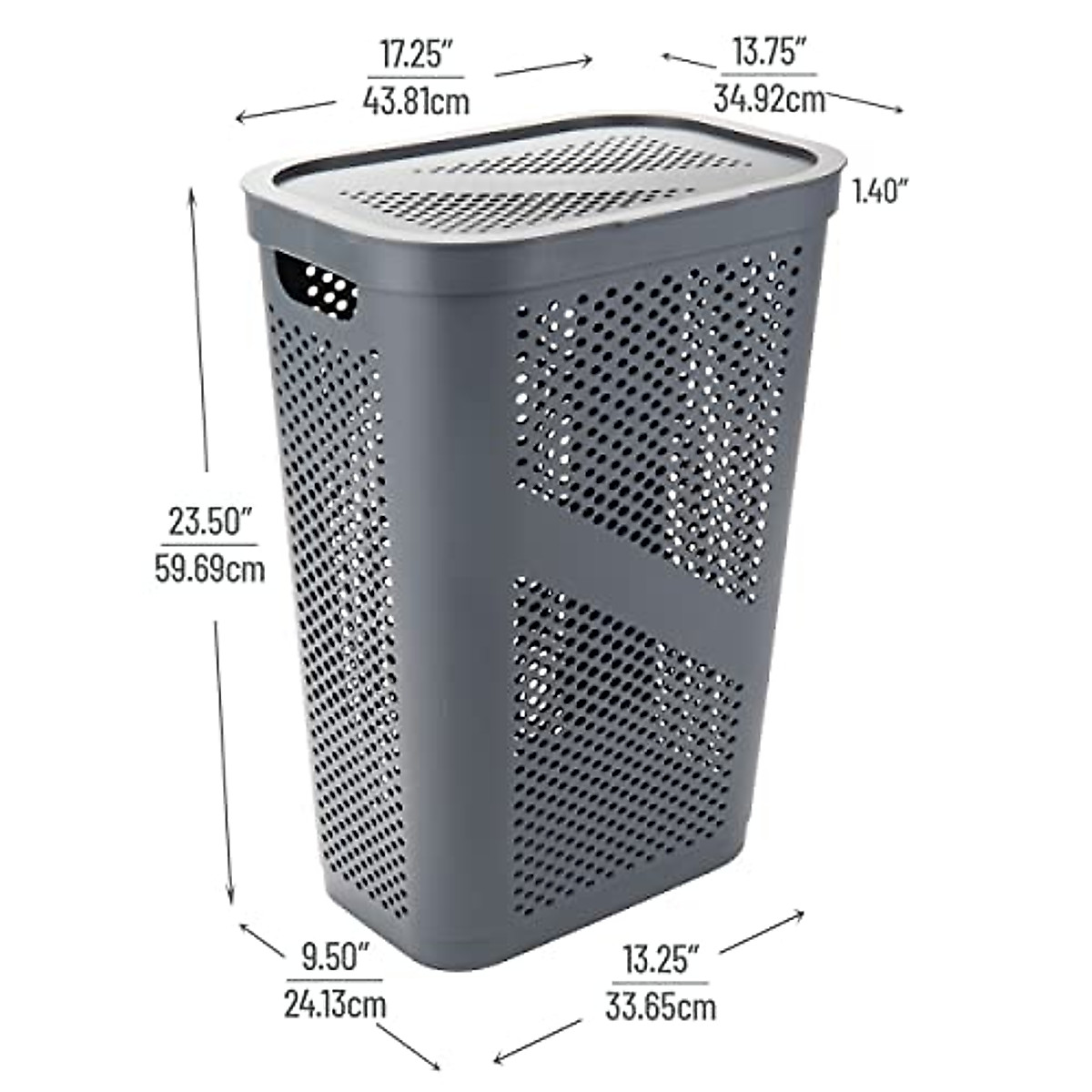 Mind Reader 60L Slim Laundry Hamper, Clothes Basket, Lid, Ventilated, Plastic, 17.25"L x 13.75"W x 23.5"H, Gray