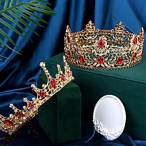 2 Pieces Prom King and Queen Crown Set King Crowns for Men Royal Crown with Red Rhinestone Crystal Crowns for Men Women Princess Crown Tiara Costume Headwear for Wedding Birthday Party Costume