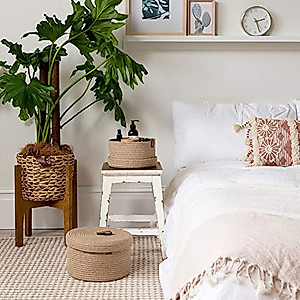 DENJA & CO Round Baskets with Lids - Set of 2 Decorative Jute Baskets with Lids for Organizing - Natural Jute Rope Lidded Baskets with Genuine Leather Tabs - Storage Baskets with Lids