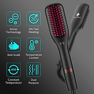 MiroPure Hair Straightener Brush Heated Straightening Brush with Ionic Generator, 30s Fast MCH Ceramic Even Heating, 11 Temperature Control, Professional Straightener Comb for Straightening (Black)