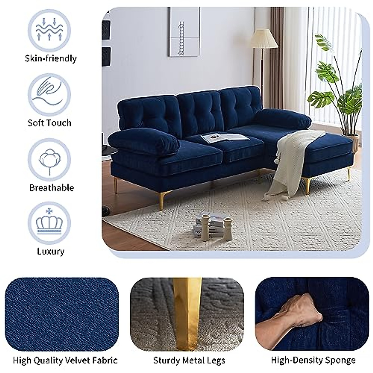 Polibi 83" L-Shape Convertible Sectional Sofa Set with Chaise Lounge, Metal Legs and Button Tufted, 3-Seat Couch for Living Room, Blue