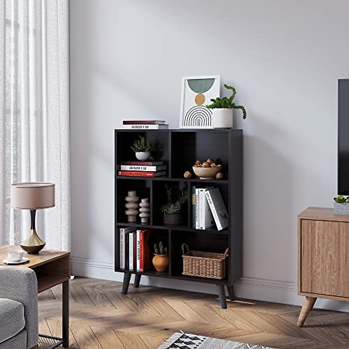 WAHEY Bookcase, 7 Cube Open Storage Display Bookshelf with Legs, HOFB011