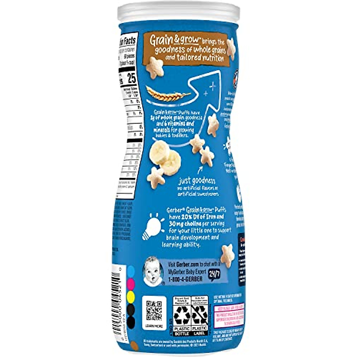 Gerber Snacks for Baby Grain & Grow Puffs, Banana, Puffed Whole Grain Snack for Crawlers, Non-GMO & Baby Led Friendly, 1.48-Ounce Canister (Pack of 3)