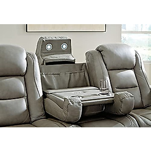 Signature Design by Ashley The Man-Den Leather Power Reclining Sofa with Adjustable Headrests & Wireless Charging, Gray