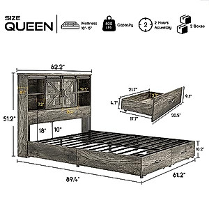 HOWE Queen Size Wood Platform Bed Frame with 51.2" Bookcase Headboard, Storage bed with Sliding Barn Door Charging Station 2 Drawers, No Box Spring Needed/Noise Free/Farmhouse/Rustic Grey