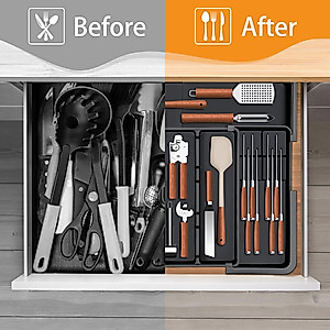 Homecor Utensil Drawer Organizer, Large Expandable Silverware Organizer for Kitchen Drawer, Cooking Utensils Tray Cutlery Flatware Holder with Removable Knife Blocks, Kitchen Gadgets Storage, Black