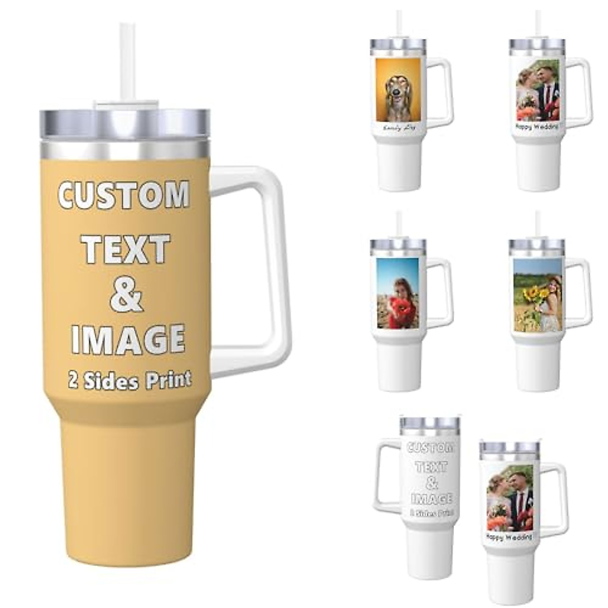 Custom 40oz Tumblers with Handle Personalized with Name Photo Text Logo Travel Cup Customized Christams Fathers Mothers Day Gifts For Mom Dad Friends, Beige
