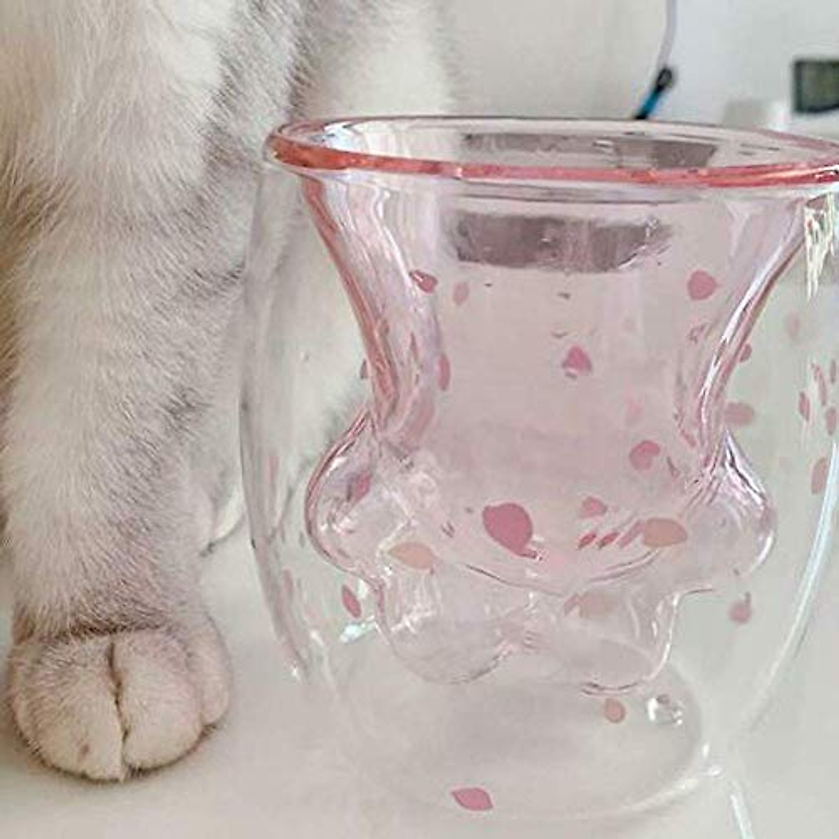 Cat Paw Cup Cute Mug Sakura Cup Double Wall Coffee Mugs Cat Foot Milk Glass Sakura Cup Gift for Coffee Tea