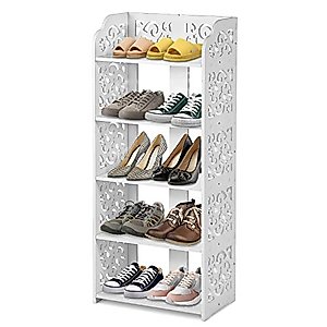 5 Tier Small Shoe Rack Storage Organizer, Engraving Vertical Shoe Rack for Entryway Tiered, Closets Shoe Storage Rack for Men Women Kids Shoes Small Shoe Rack, White