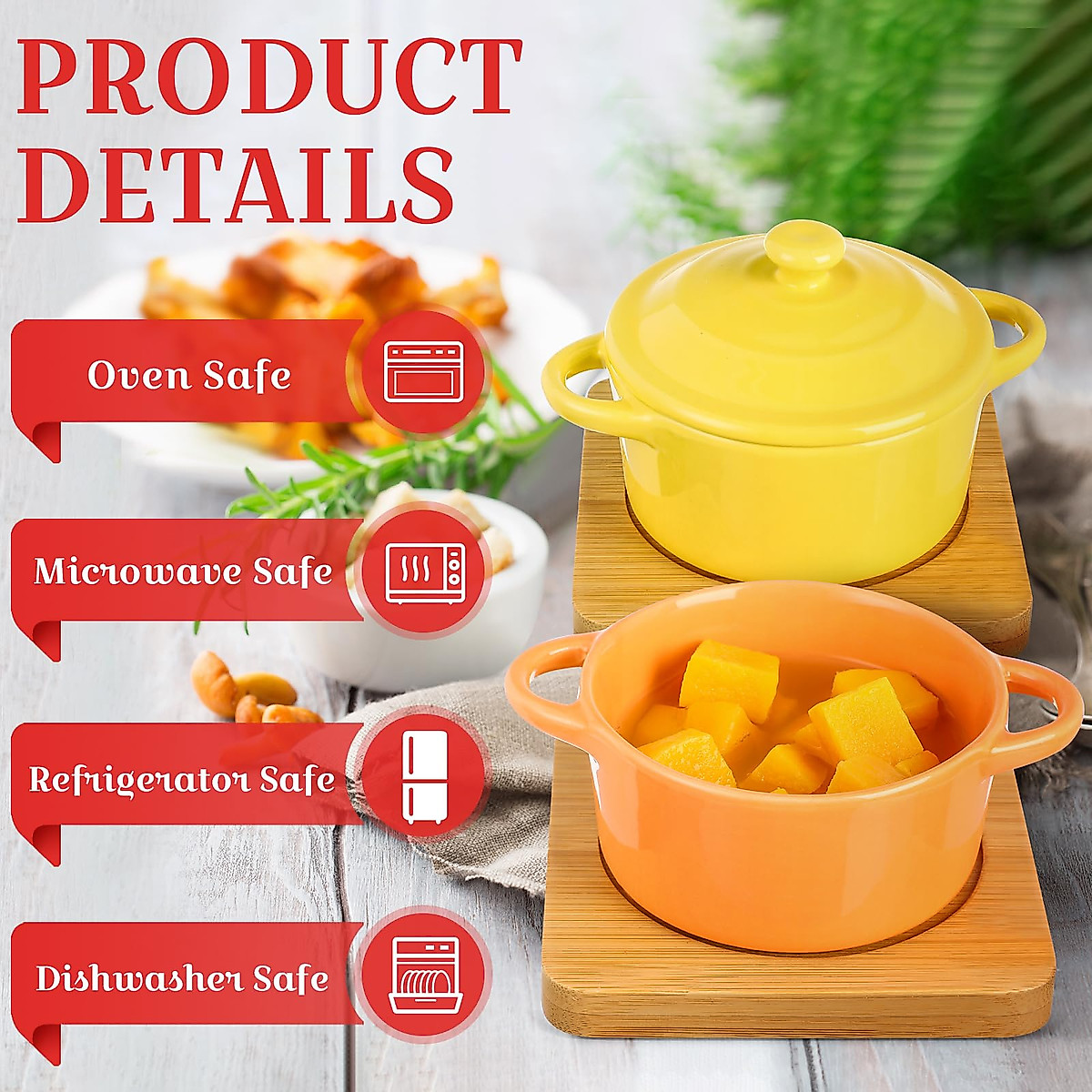 Mimorou 6 Set 7 oz Ceramic Mini Cocotte Set with Lid and Wooden Base Pumpkin Bowl Set with Handle Ceramic Soup Bowls Baking Ramekins Round Casserole for Home Thanksgiving Pumpkin Dish (Colorful)