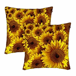 EKOBLA Sunflowers 2 Square Pillow Covers Yellow Vintage Rustic Grunge Bloom Botanical Flower Garden Natural Decorative Square Cushion Case for Sofa Couch Bedroom Home Decor Polyester 18x18 Inch
