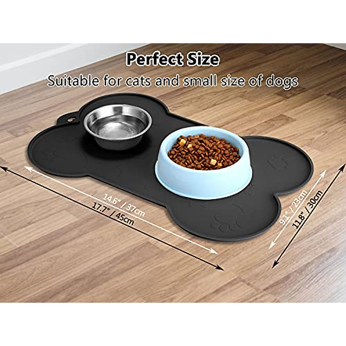 Dog Bowl Mat, NWFHTD Dog Mat for Food and Water Pet Cat Large Small Silicone Rubber Plastic Waterproof Feeding Eating Dish Placemat Trays with Edges Lip for Floor, 17.7"x11.8", Black