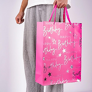 JWSCYSY 16.5" Extra Large Happy Birthday Gift Bag with Card and Tissue Papers, Huge Gift Bag for Kids Girls Birthday Party (Pink)