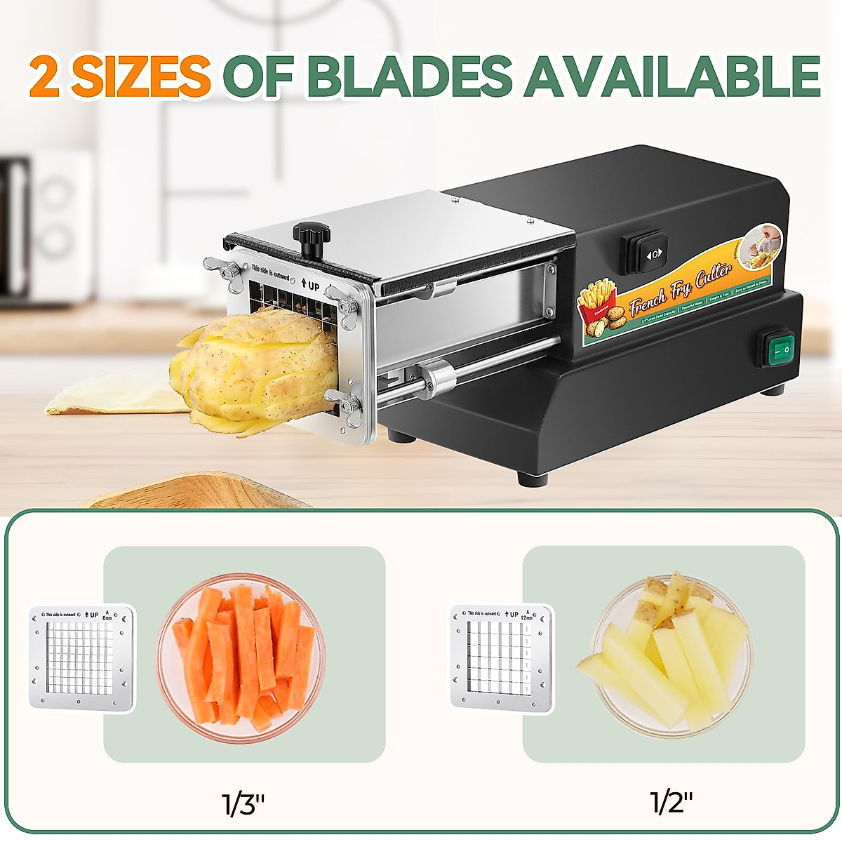 Huanyu Commercial French Fry Cutter Machine Electric Potato Cutter Professional Stainless Steel Fry Cutter with 2 Blades for Potato, Sweet Potato, Carrot, Apple (Black)