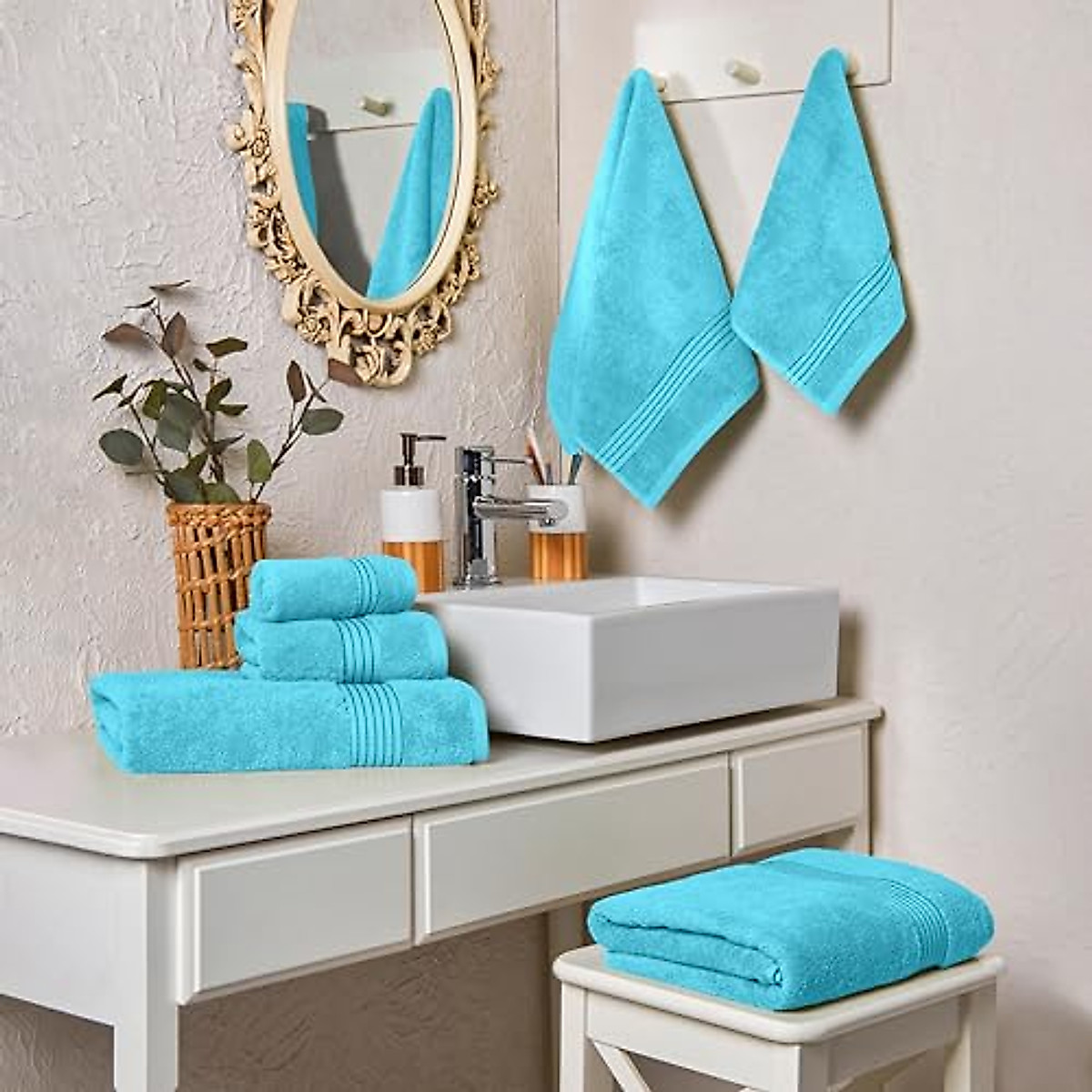 Elegant Comfort Premium Cotton 6-Piece Towel Set, includes 2 Washcloths, 2 Hand Towels and 2 Bath Towels, 100% Turkish Cotton - Highly Absorbent and Super Soft Towels for Bathroom, Aqua