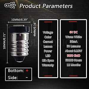 Ruiandsion 5pcs E10 LED Bulb DC 6V 0.5W 4300K Warm White 5050 1SMD LED Bulb for Torchlight Flashlight Torch Light,Negative Earth