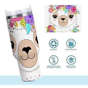 ODAWA 30 Oz Llama Floral Stainless Steel Vacuum Insulated Tumbler with Straw and Handle