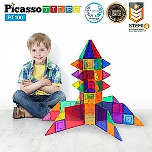 PicassoTiles 100 Piece Set 100pcs Magnet Building Tiles Clear Magnetic 3D Building Blocks Construction Playboards, Creativity Beyond Imagination, Inspirational, Recreational, Educational Conventional