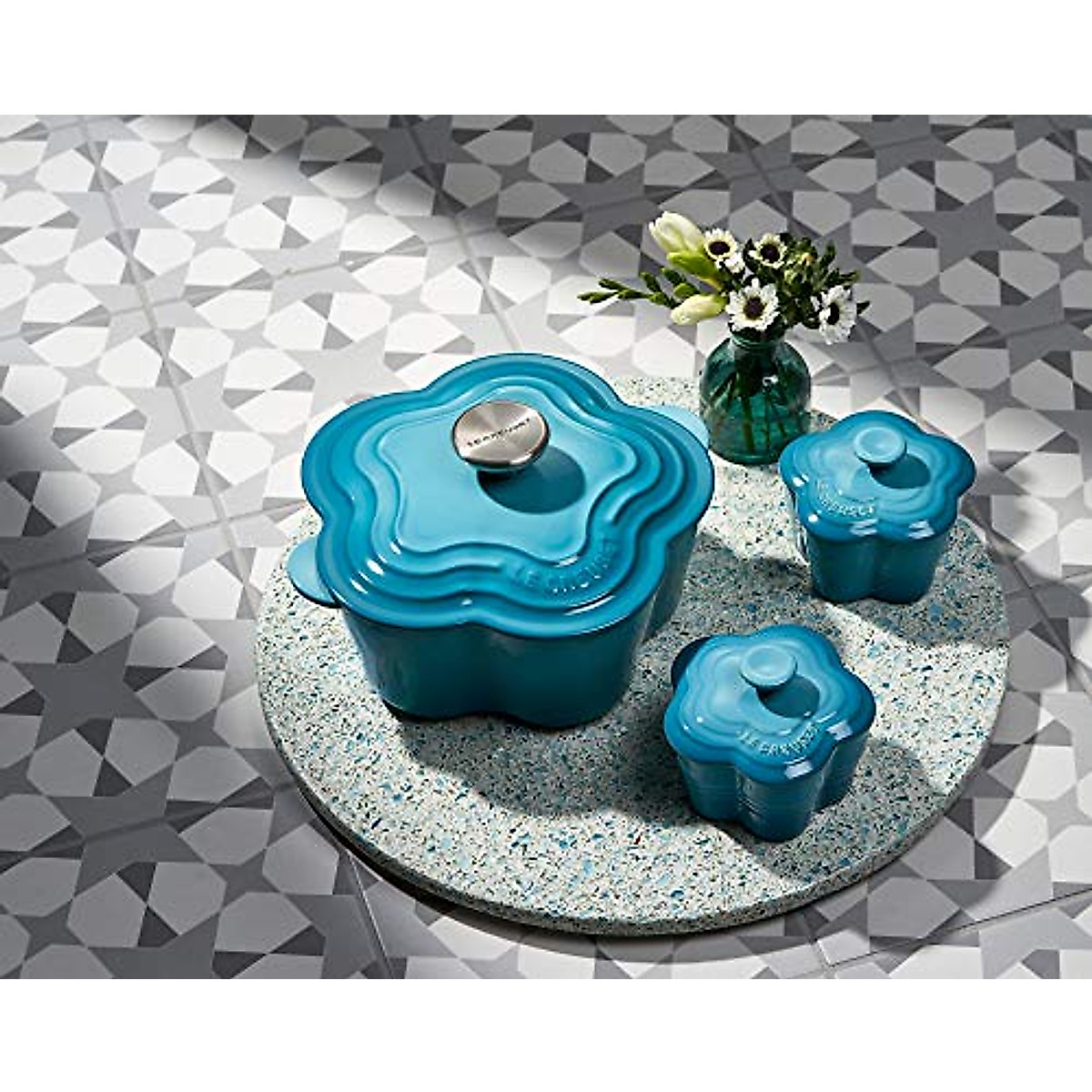 Le Creuset Enameled Cast Iron 2.25qt. Flower Cocotte and (2) Stoneware Mini flower Ramekins