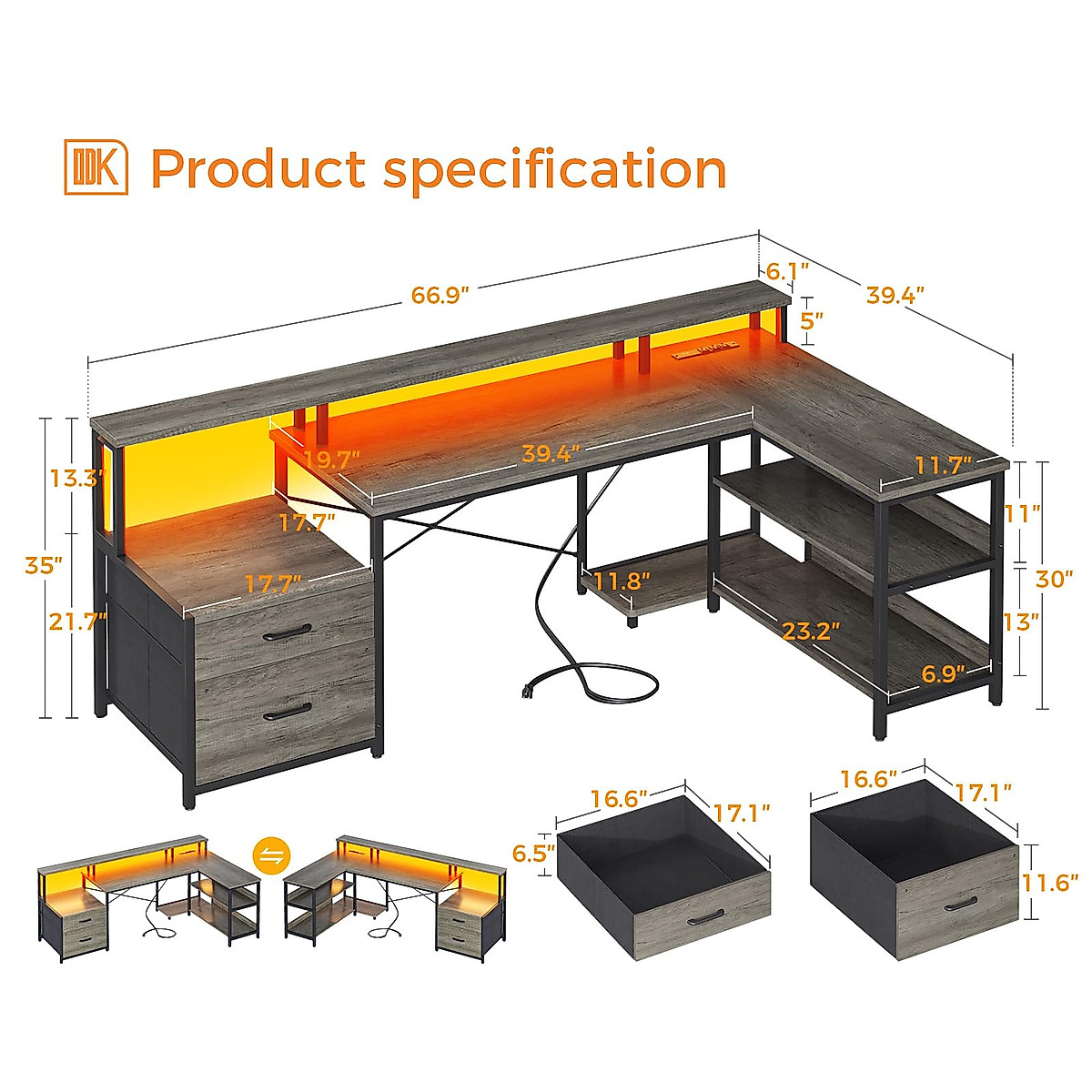 ODK L Shaped Desk with File Drawer, 66" Reversible L Shaped Computer Desk with Power Outlet & LED Strip, Office Desk with Storage Shelves, Gaming Desk with Monitor Shelf, Corner Desk, Grey Oak