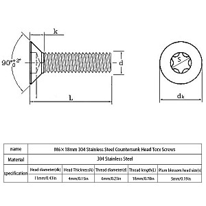 M6-1.0×18mm 304 Stainless Steel Countersunk Head Torx Screws 20pcs, Full Thread Screws, Standard Torx Drive Head. (Size: M6x18mm)