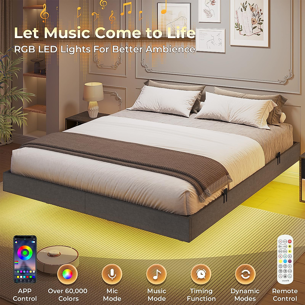 ADORNEVE Floating Bed Frame Full Size, LED Bed Frame Linen Upholstered Platform Bed with Underbed Storage Space, Heavy Steel Slats Support, No Box Spring Needed, Noise Free，Dark Grey