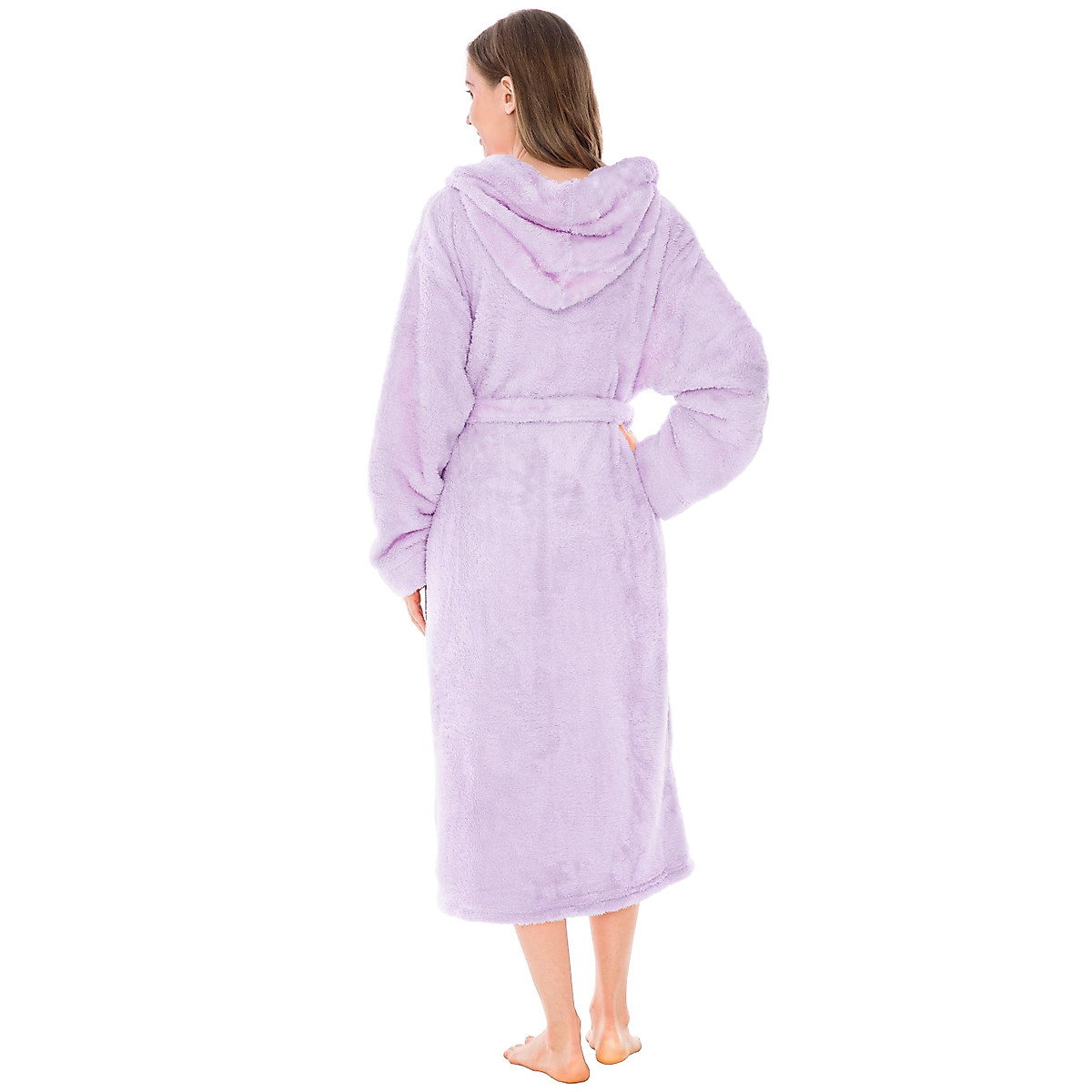 PAVILIA Women Hooded Plush Soft Robe | Fluffy Warm Fleece Sherpa Shaggy Bathrobe (S/M, Lavender Purple)