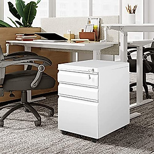 Greenvelly White File Cabinet 3 Drawer on Wheels, Metal Locking Filing Cabinet with Lock, Under Desk Mobile File Cabinet with Hanging Frame and 2 Keys for Legal/Letter/A4 Size, Fully Assembled