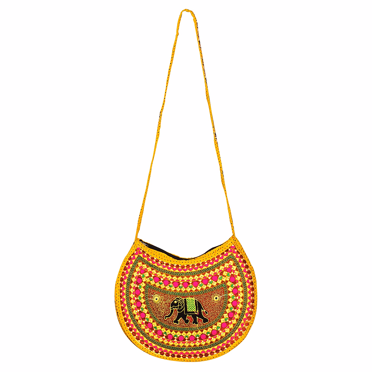 North Creed Crossbody Elephant Flora Embroidery Shoulder Bag, Indian Ethnic Travel Handbag with Zipper Pocket- Yellow