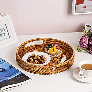 Sziqiqi Rattan Serving Tray Round Woven Decorative Tray for Coffee Table with Handles Display Storage Basket Trays for Fruit Food Drinks Snack Wicker Boho Ottoman Platter