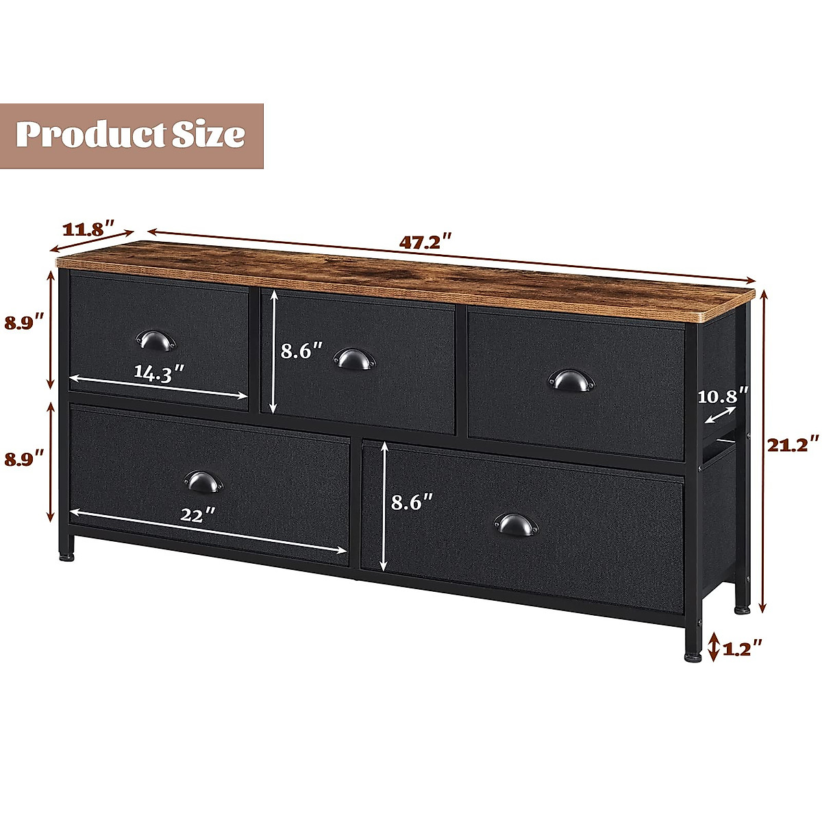 PRAISUN Dresser TV Stand, Entertainment Center with Fabric Drawers, Media Console, TV Table for 55 Inch TV, Bedroom Dresser with Metal Frame - Black