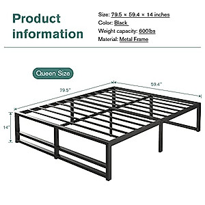 IMUsee 14'' Metal Platform Queen Bed Frame with Strong Steel Slats Support / Sufficient Storage Space / Mattress Foundation / No Box Spring Needed / Easy Assembly
