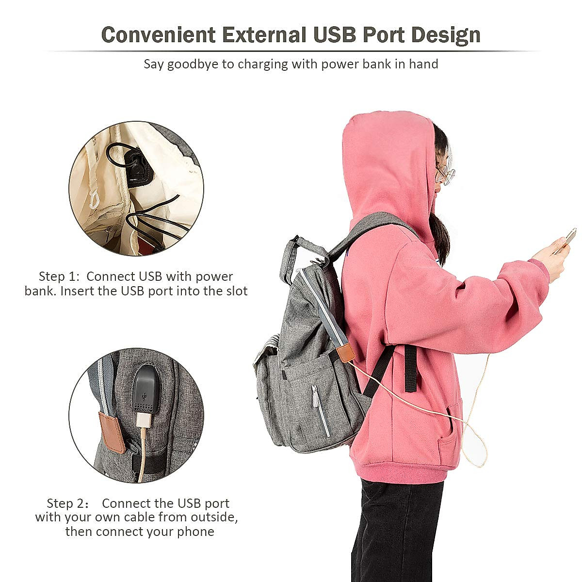 BABY JOY Diaper Bag Backpack, Waterproof Stylish Multifunction Large Capacity Travel Back Pack, Maternity Nappy Bag for Baby Care W/Stroller Straps, Changing Pad, Built-in USB Charging Port, Gray