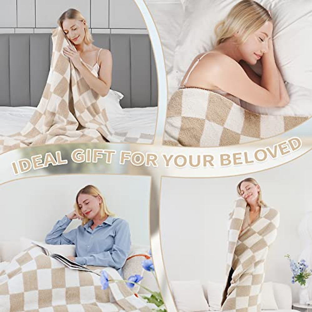 QQP Checkered Throw Blanket,Soft Cozy Microfiber Reversible Checkerboard Fluffy Throw Blanket,50X60In Blanket for Home Bed Couch.（Camel&White）