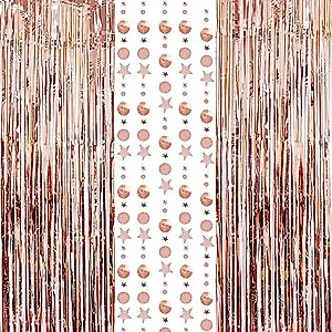 6.6x8.2 Feet Rose Gold Fringe Curtain Backdrop with 26.2 Feet Circle Star Garland for Birthday Bachelorette Bride Baby Shower Party Decorations