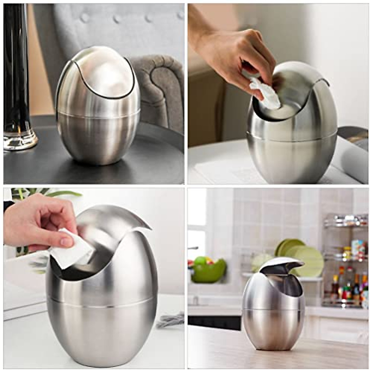 Zerodeko Desktop Trash Can Egg Shape Countertop Waste Basket Stainless Steel Garbage Container Bin Table Sundries Organizer Remote Pen Pencil Holder for Home Office