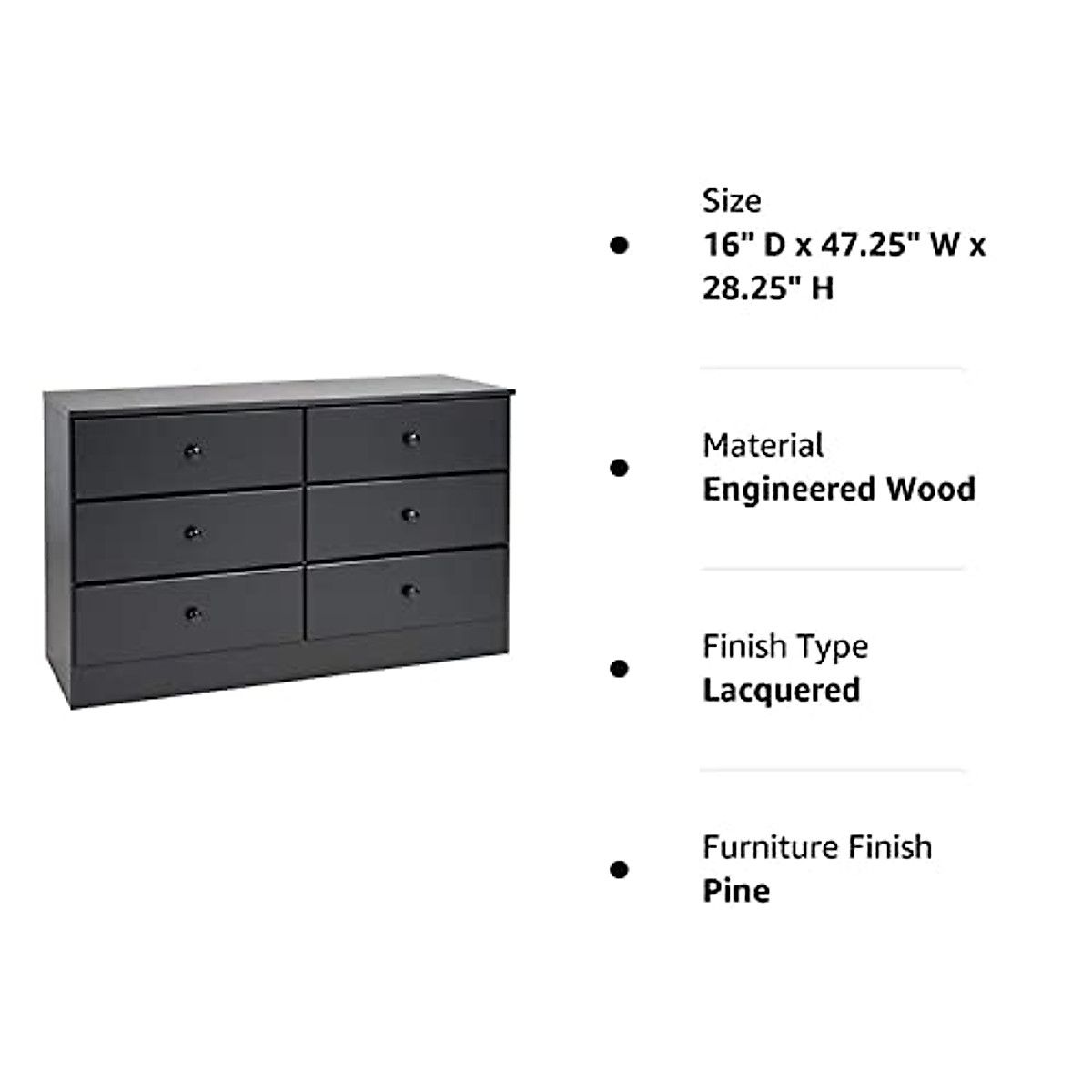 Prepac Astrid 6 Drawer Double Dresser For Bedroom, 16" D x 47.25" W x 28.25" H, Black