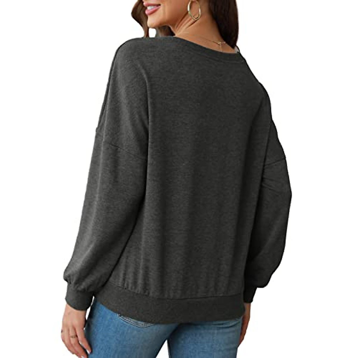 FMEYOA Womens V-Neck Sweatshirts without Hood Long Sleeve Lightweight Loose Fall Basic Shirts Tops(Dark Grey,Large)