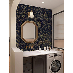 Heroad Peel and Stick Wallpaper Dark Blue Contact Paper Gold Floral Wall Paper Modern Boho Removable Contact Paper for Cabinets Drawers Bedroom Self Adhesive Vinyl Papel Tapiz para Pared 118" x 17.3"