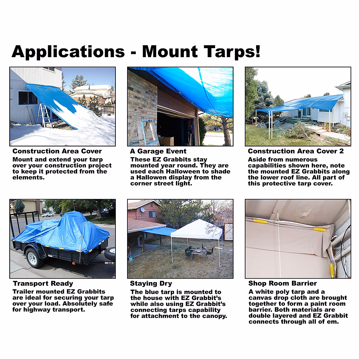 EZ Grabbit Tarp Tie Down (12-Pack) (Black) - Welcome to A New Standard! - Tarp Clip Clamp Holder Tie-Off Cinch Fastener Wall Tent Boat Pool Cover Canopy Hay Cargo Camping Storage Canvas