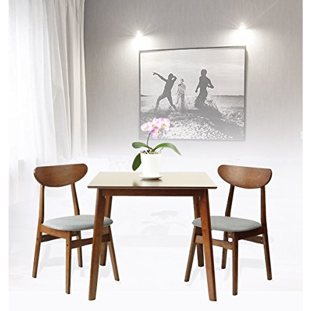 Wickerix Dining Room Set of 2 Yumiko Chairs and Square Dining Table Kitchen Modern Solid Wood w/Padded Seat, White Color with Light Gray Cushion