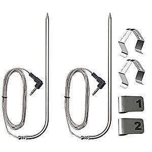 2 Pack Replacement Meat Probe for Pit Boss Pellet Grill Smokers Parts, 3.5mm Plug Thermometer Probe Replacement Temperature Probe with 2 Stainless Steel Probe Clip Holders and 2 Numbered Tags