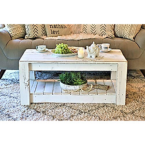 White Farmhouse Coffee Table with Shelf
