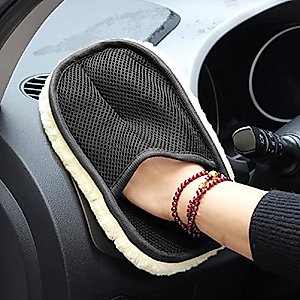 Wool Car Wash Gloves, Lint Free Scrubber High Density Car Wash Wool Glove Microfiber Wool Soft Automotive Car Washing Cleaning Glove Bear Claw Scratch Free Wash Polishing Waxing Mitt