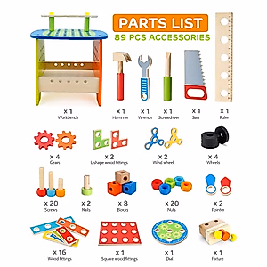 Ohuhu Tool Workench Toy Set, Kids Toy Play Workbench, Kids Wooden Tool Bench Workshop, Workbench with Tools Set (89 Piece Set), Wooden Construction Bench Toy for Boys Girls Age 3 4 5 6 7