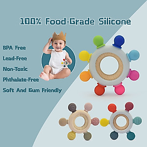 Baby Teething Toys Silicone Chewable Teethers BPA Free Silicone Rudder with Removable Wooden Ring for Soothing Babies Gums Teethers for Babies 0-24 Months (Beige,6 Directions)