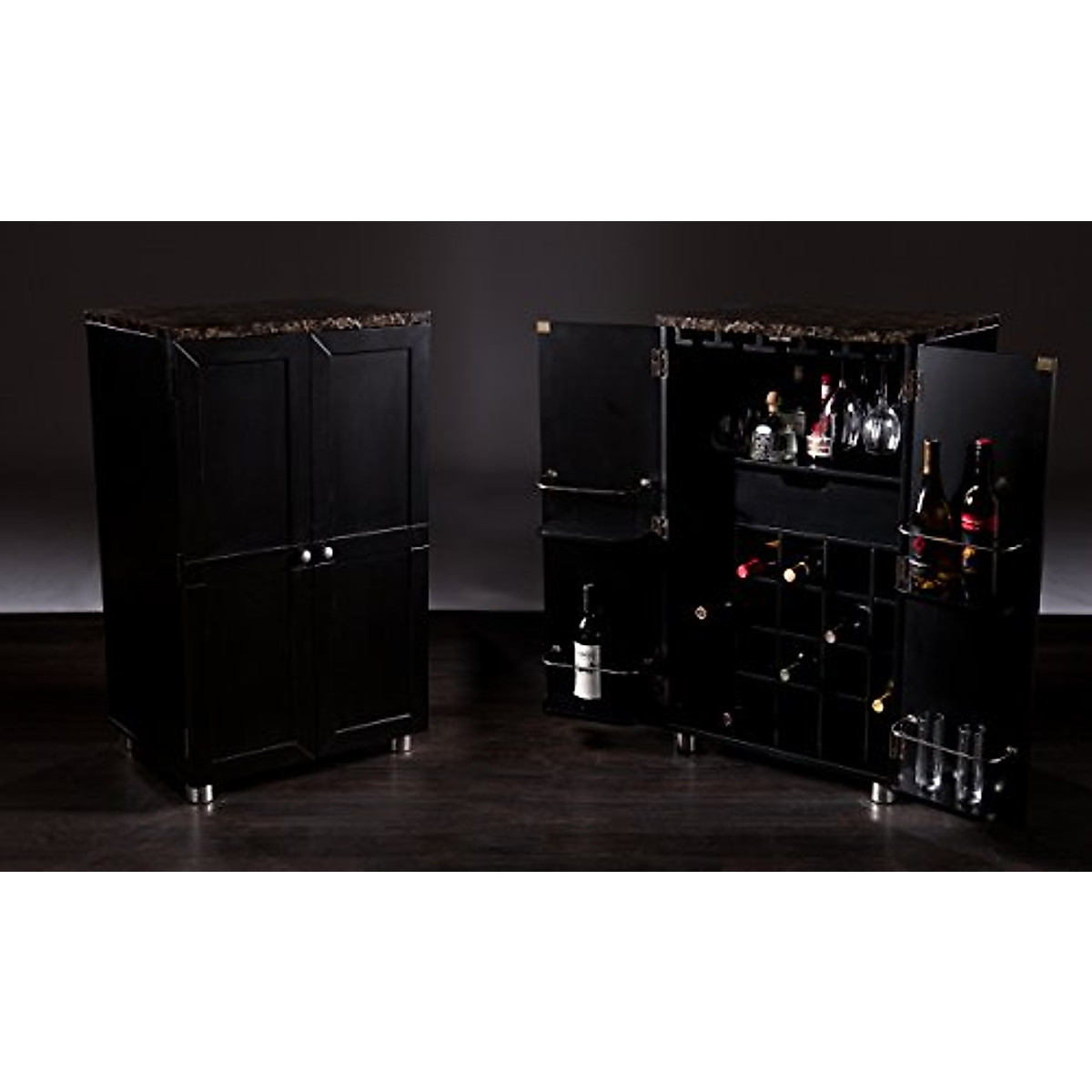 SEI Furniture Cape Town Contemporary Bar Liquor and Wine Cabinet with Storage, Faux Marble Countertop with Black Finish
