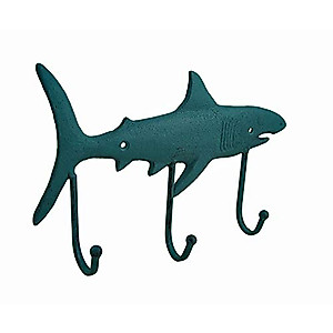 Zeckos Teal Blue Cast Iron Shark Shaped Decorative Wall Hook Rack Ocean Nautical Decor 12.5 Inches Long