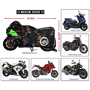 Breathable Motorcycle Cover W/Elastic Bottom. Premium Heavy Duty Outdoor Waterproof All Season Polyester W/Soft Screen Shield. Universal Heat Resistant Lockable Fabric (Camouflage, Medium)