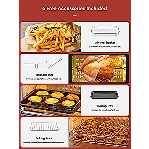 FOHERE Air Fryer Oven Combo, 6 Slice 24 QT Multi-function Convection Oven, 1700W Toaster Oven for Rotisserie, Dehydrate, Air Fry, Bake & Reheat, Fry Oil-Free, Non-Stick Inner, 6 Accessories & 100 Recipes